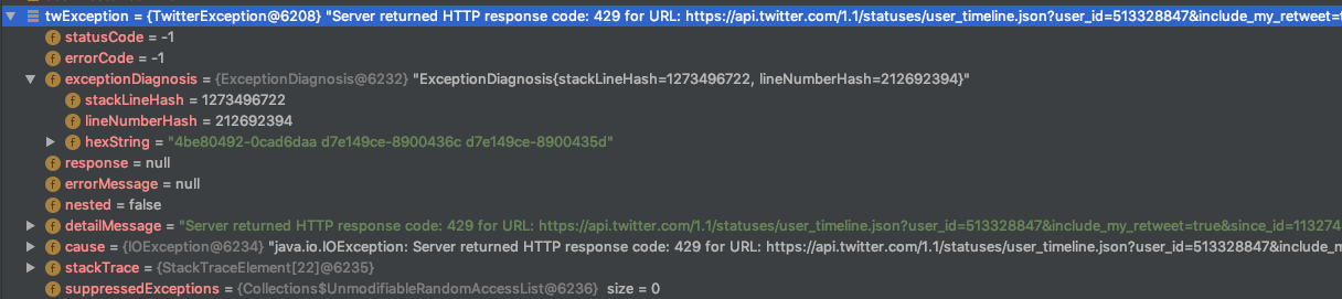 TwitterException status code returns -1 when the Twitter API returned ...