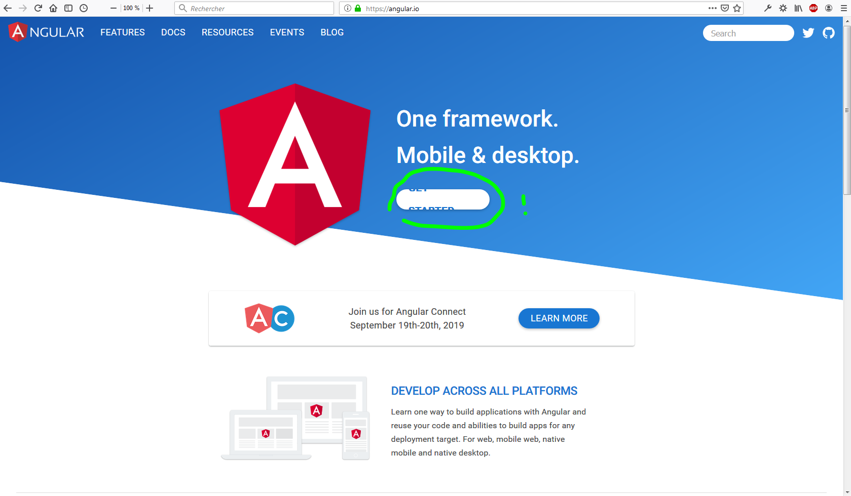 Angular.io front page "GET STARTED" text overflows its element on ...