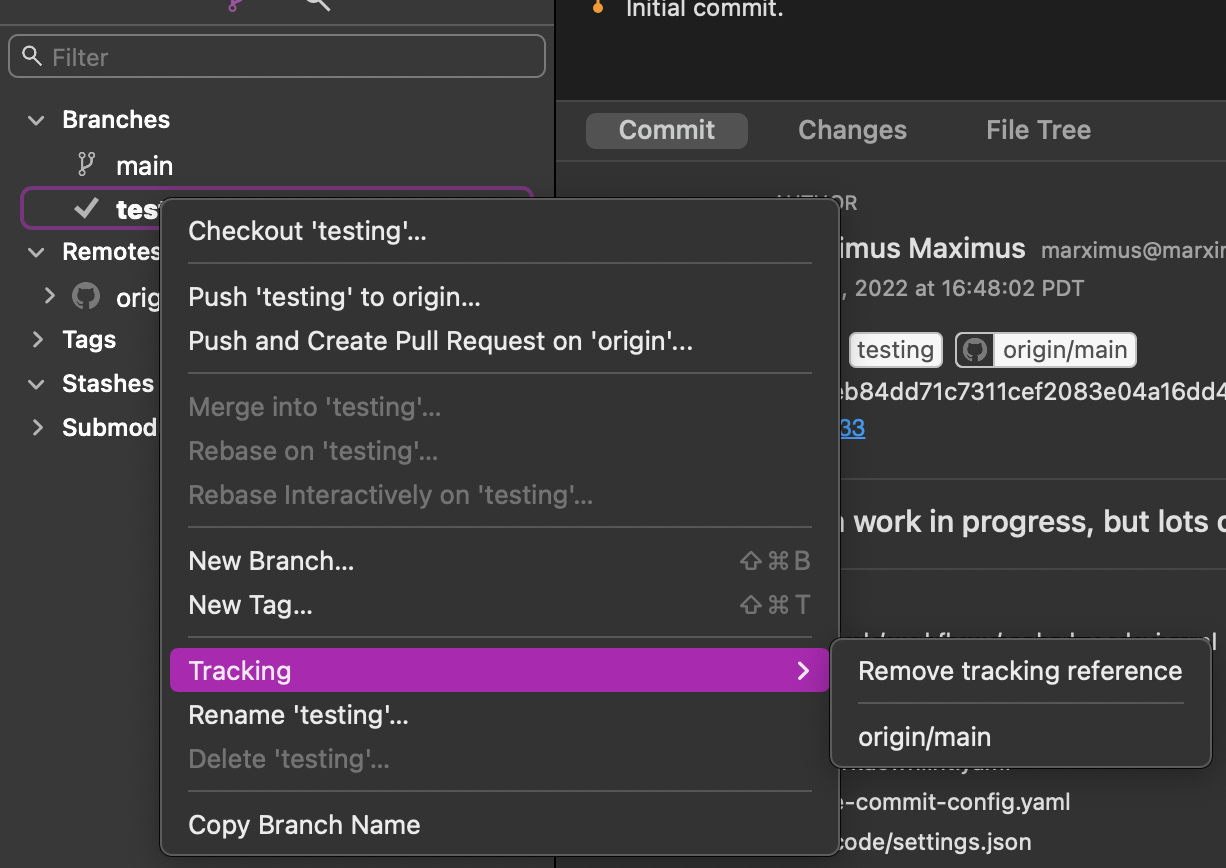 Fork not aware of local branches tracking other local branches. Pushes ...