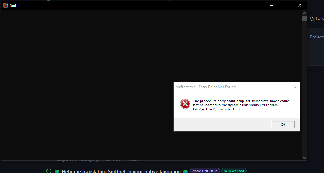 Cannnot Find Entry Point Error: pcap_set_immediate_mode · Issue #86 · GyulyVGC/sniffnet · GitHub