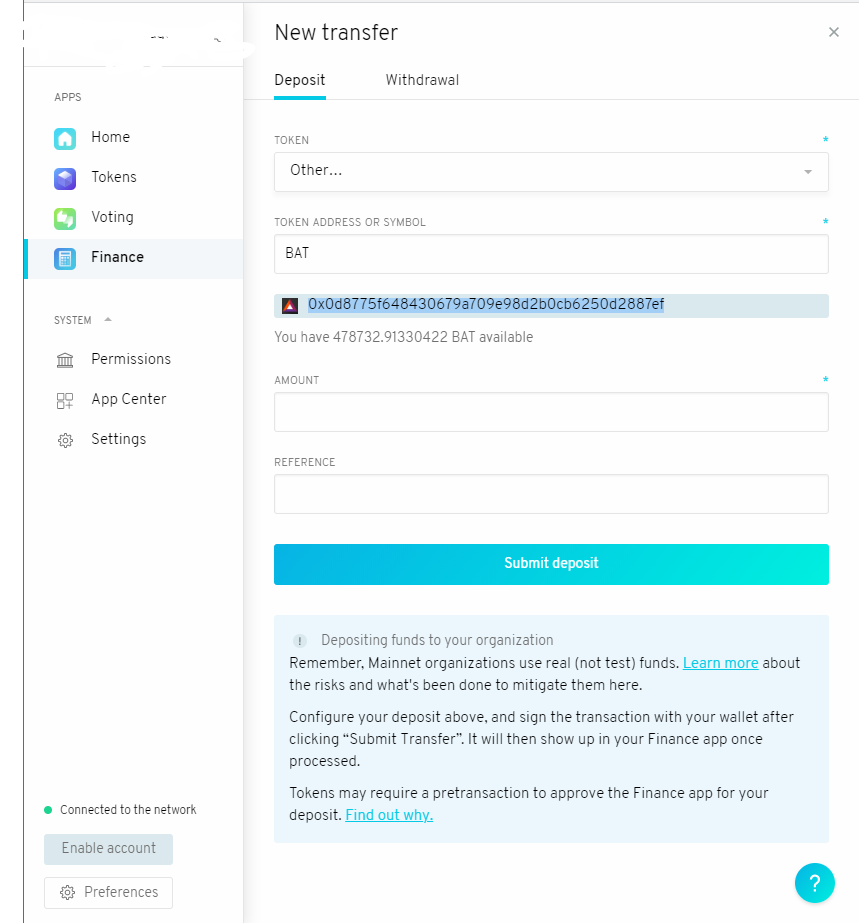 Finance: random amounts appear in deposit if no account is connected · Issue #877 · aragon ...