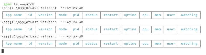 Some terminal-control-sequences are wrong in output of `pm2 ls --watch ...