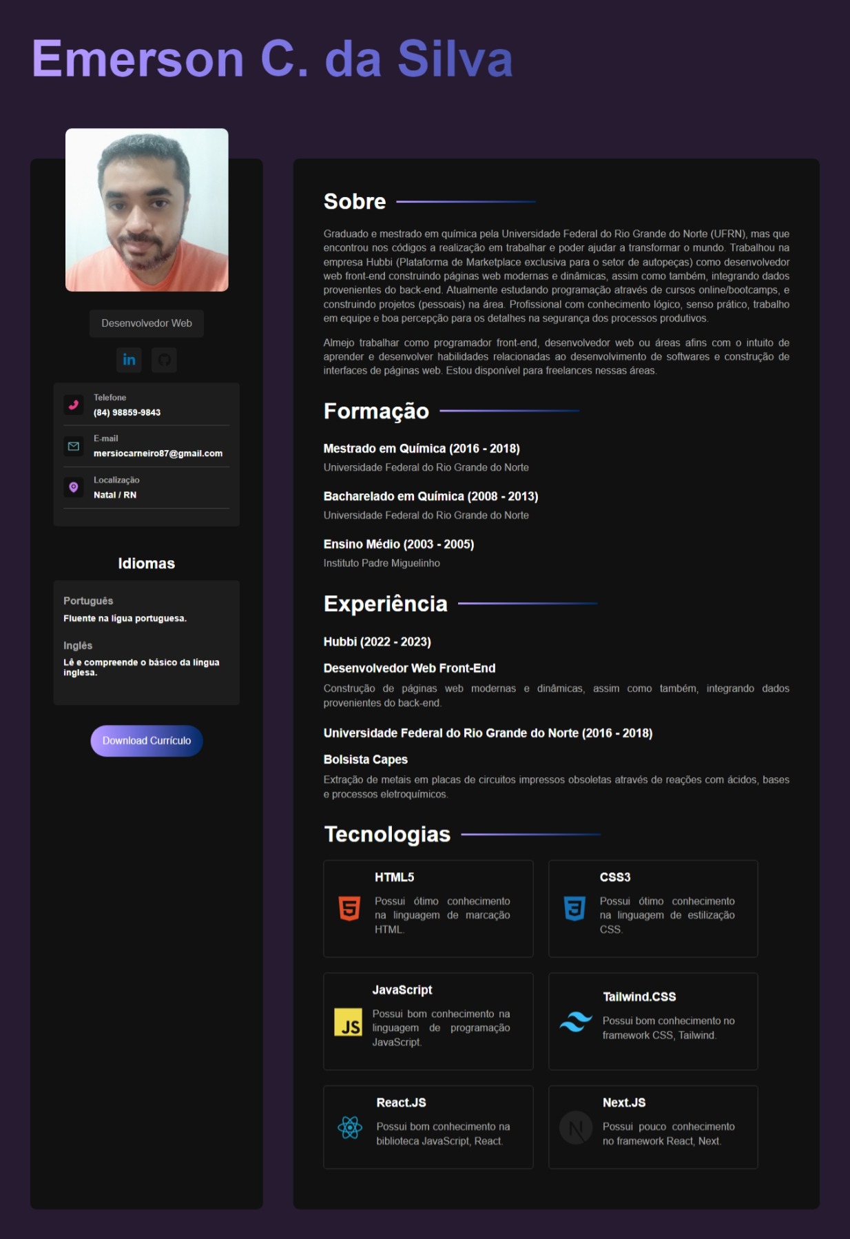 GitHub - emersoncarneirodasilva/curriculo-react: Projeto de um currículo virtual onde são ...