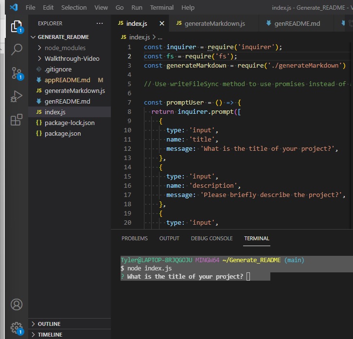 Github Tygbenjamingeneratereadme Using Node Js To Generate Readme