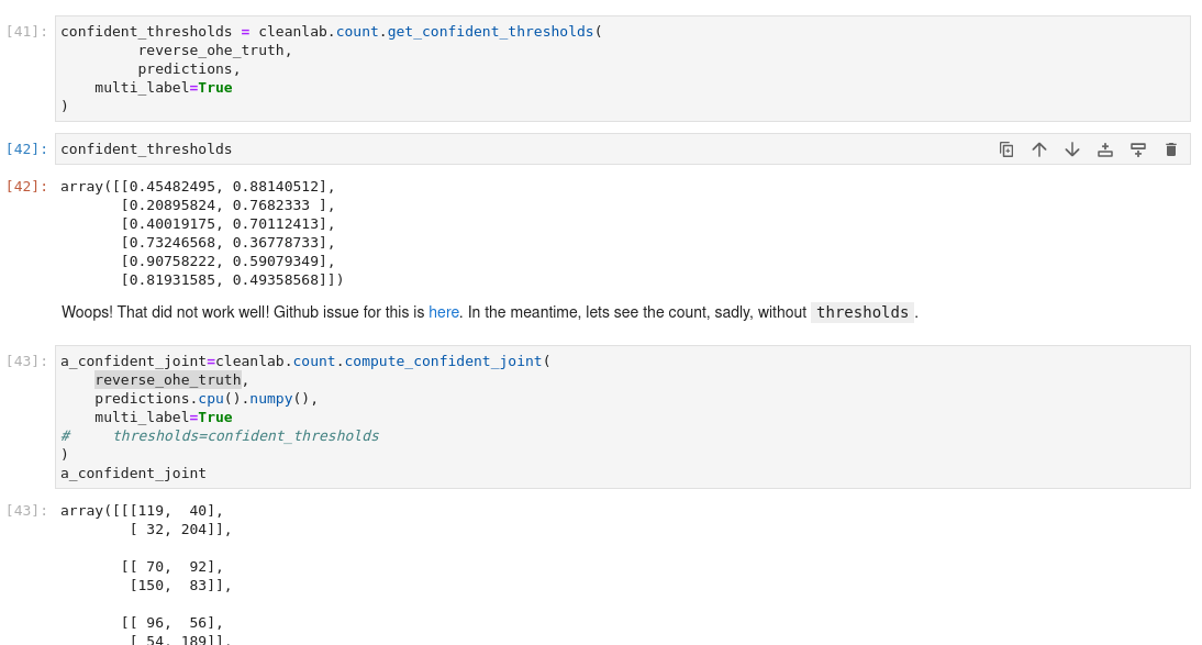 get_confident_thresholds fails with numpy error on multi-label problem, what are the limitations ...