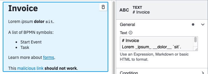 Allow specifying text view content via FEEL expression · Issue #436 · bpmn-io/form-js · GitHub