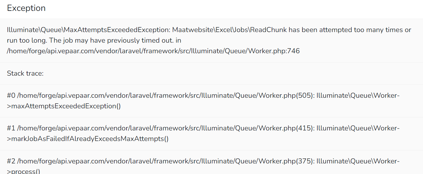 Maatwebsite\Excel\Jobs\ReadChunk has been attempted too many times or run too long · Issue #2596 ...