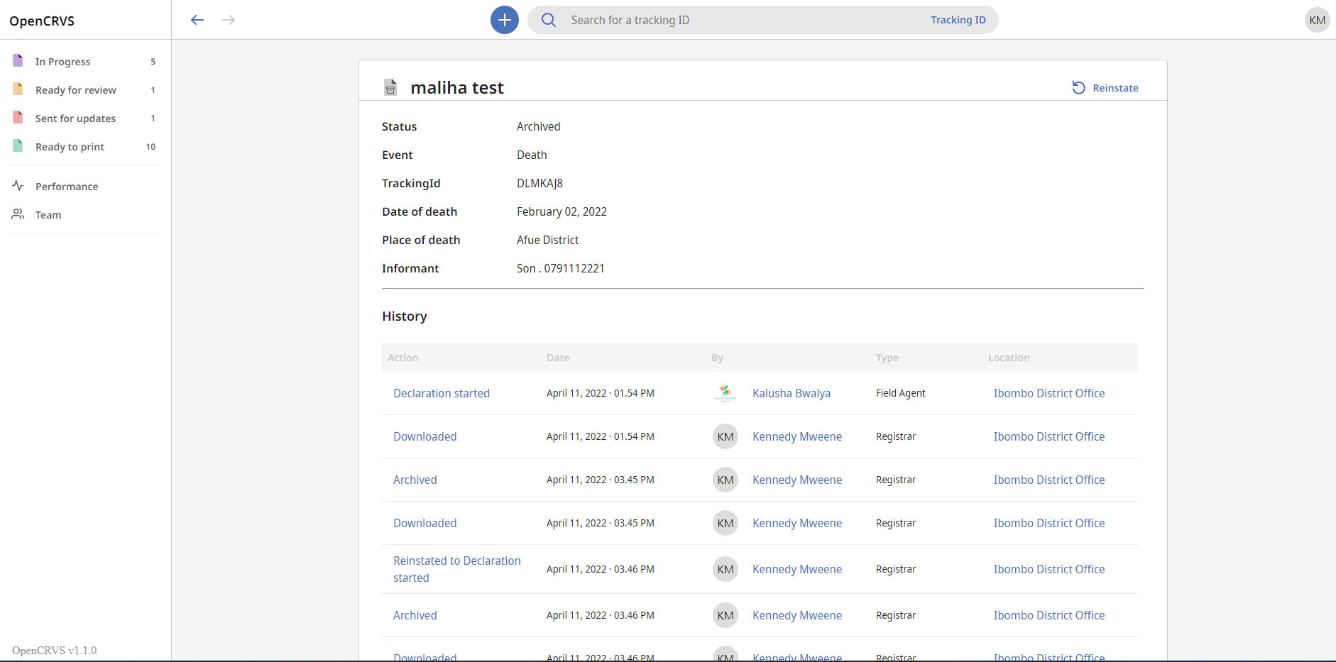 Update Status and history action in audit record · Issue #2861 · opencrvs/opencrvs-core · GitHub