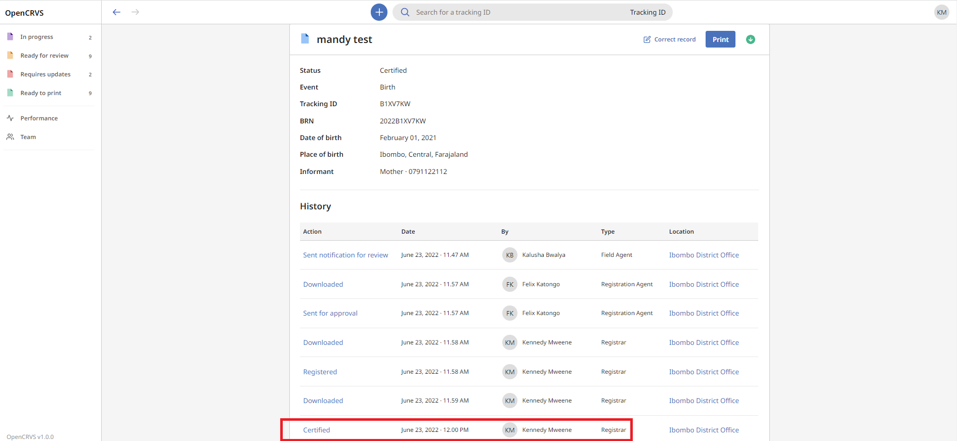 Update Status and history action in audit record · Issue #2861 · opencrvs/opencrvs-core · GitHub