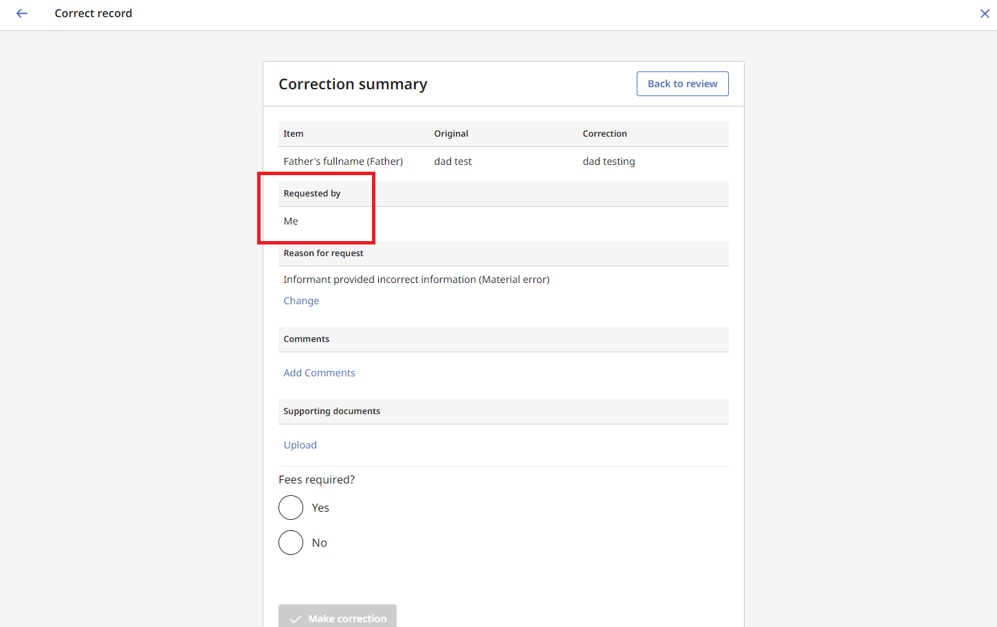 In correction summary page, hide "ID check" table when correction is requested by " Another ...