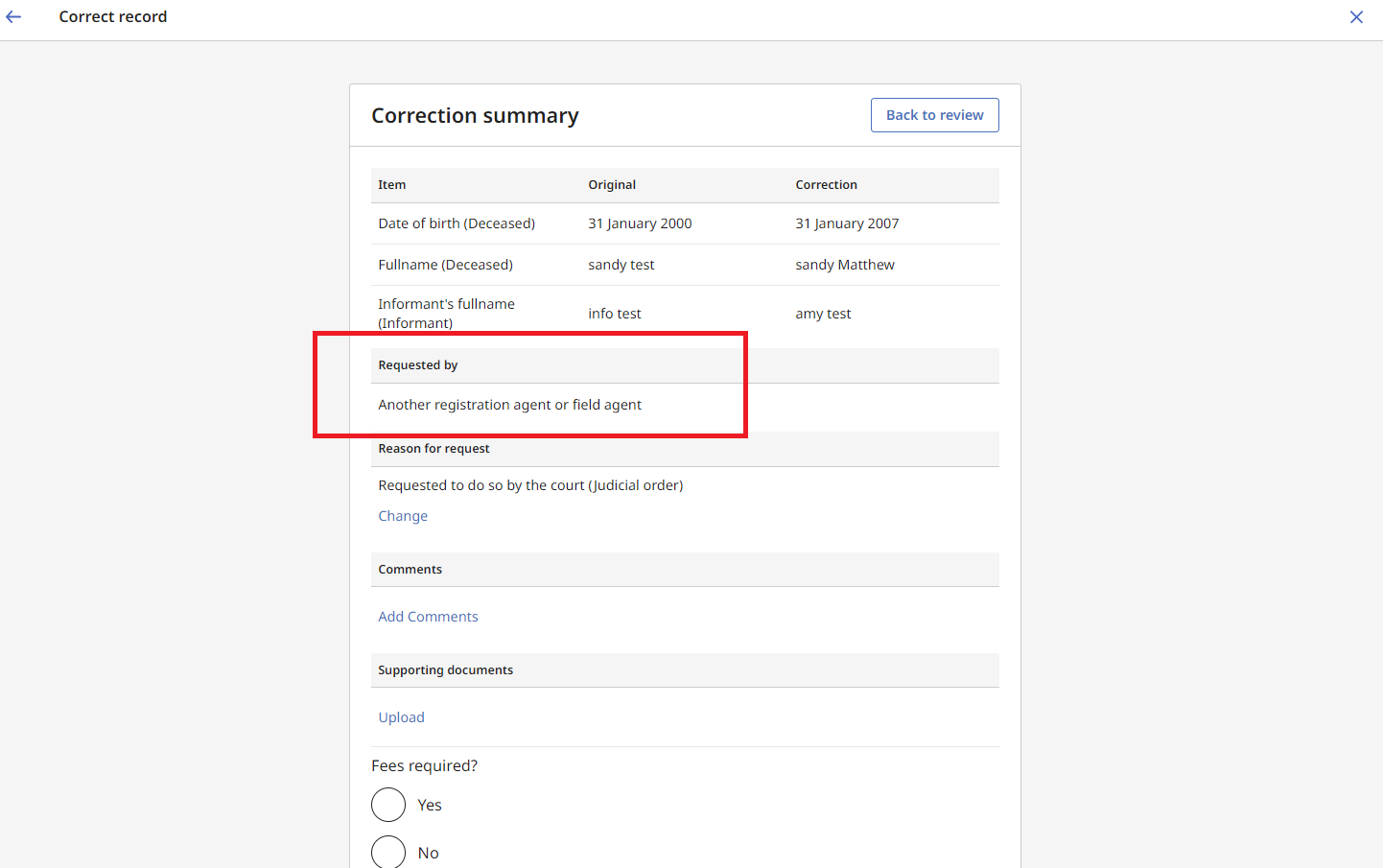 In correction summary page, hide "ID check" table when correction is requested by " Another ...
