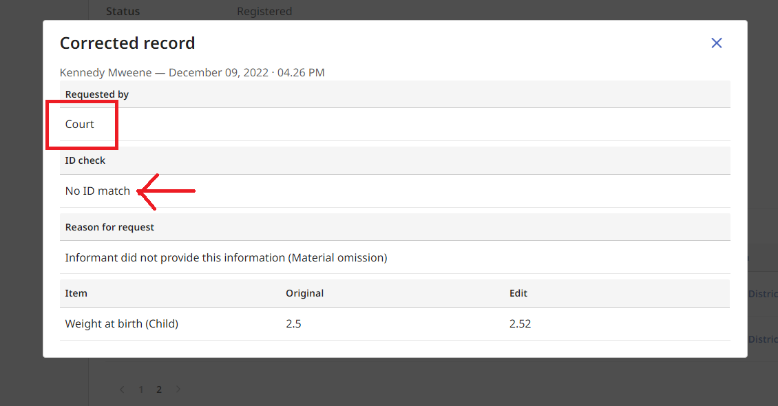 "Corrected record" Action in history of record audit page should show ...