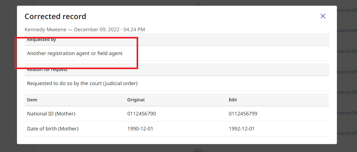 "Corrected record" Action in history of record audit page should show ...