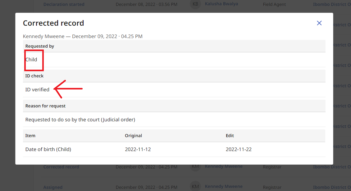 "Corrected record" Action in history of record audit page should show ...