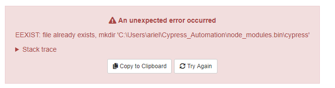 An Unexpected Error When Launching Cypress Occurred Eexist File Already Exists Mkdir · Issue