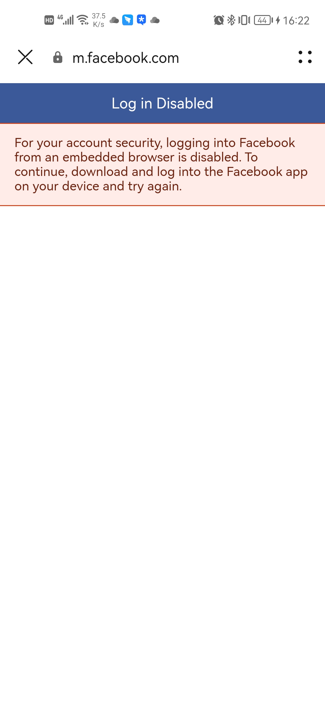 For Your Account Security Logging Into Facebook From An Embedded Browser Is Disabled · Issue