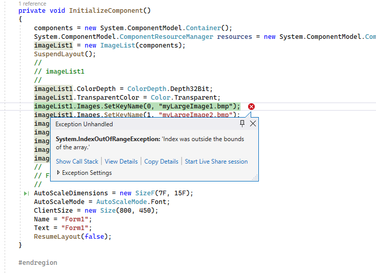 Exception pops up when executing ImageList.ImageCollection.SetKeyName(Int32 index, String name ...