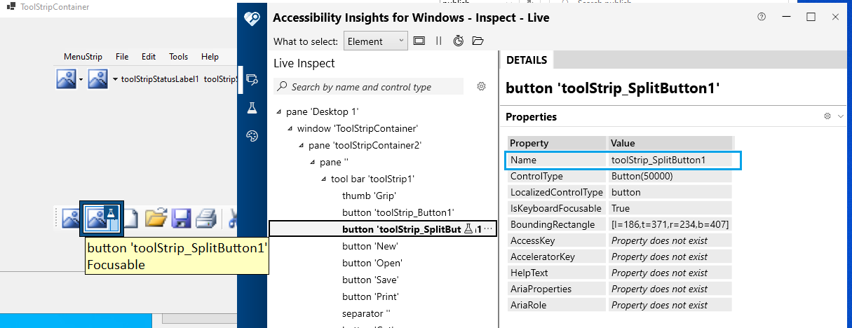 A11y_.NET Core_WinForms_ToolStripContainer_Bottomtool bar_AI4D: Incorrect Name property is ...