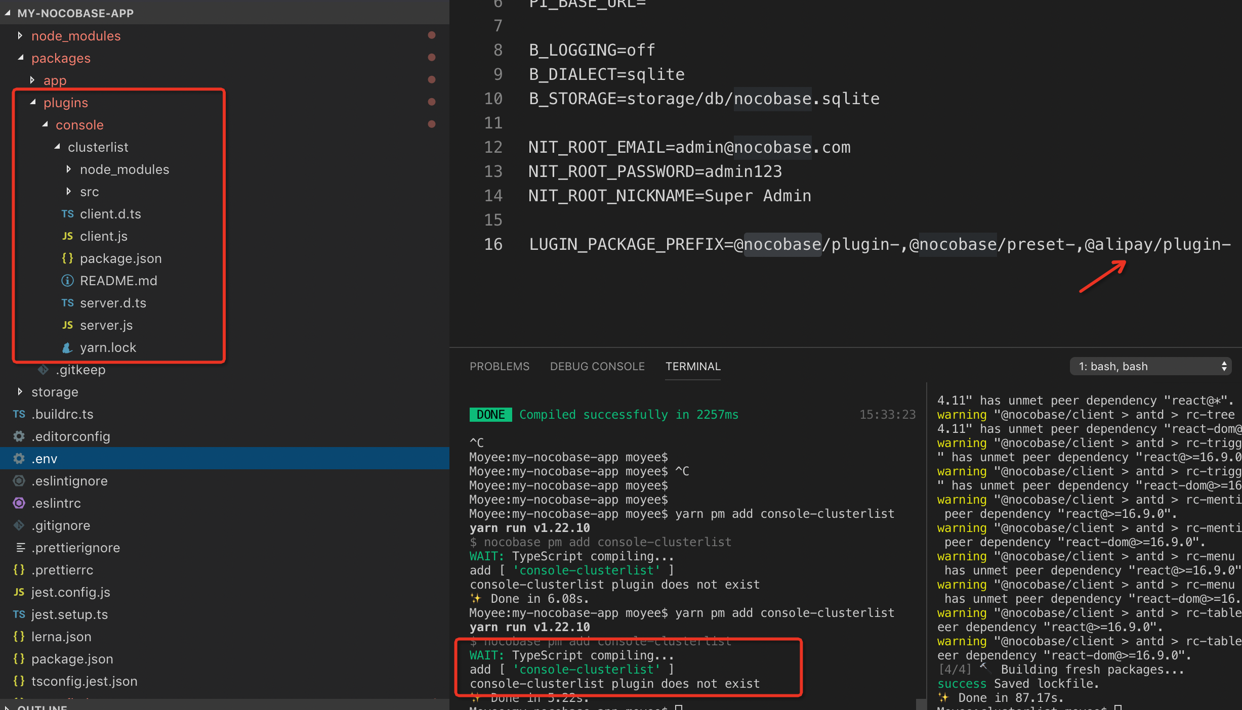按照插件开发文档，我新建了hello插件为何一直报错“plugin does not exist” · Issue #1018 · nocobase/nocobase · GitHub