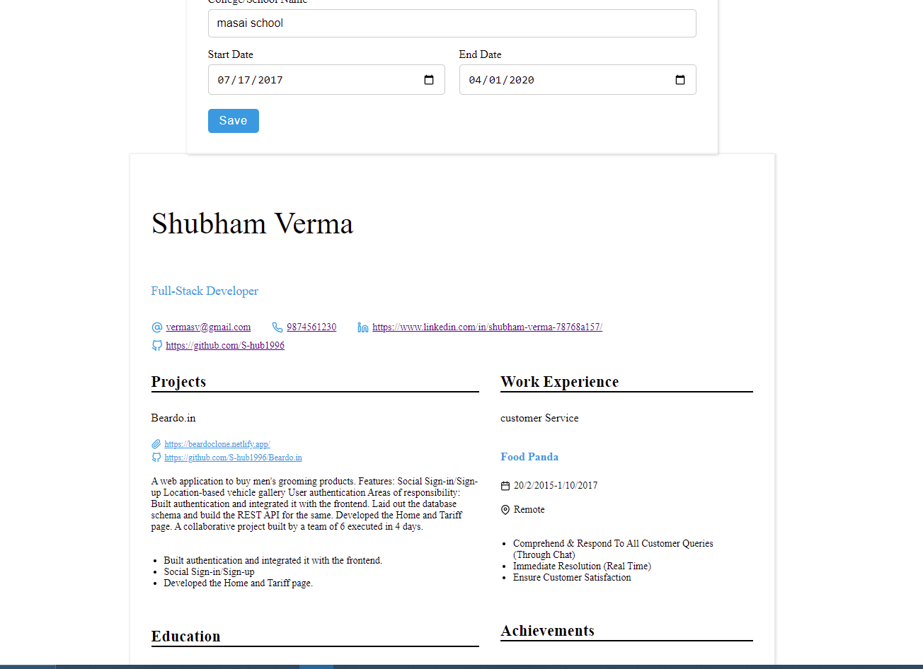 GitHub - S-hub1996/ResumeBuilder: Resume Builder App with React JS and redux