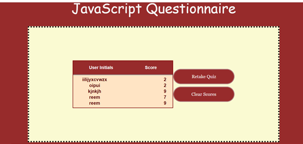 GitHub - ReemMDA99/JavaScript-Questionnaire: Weekly Challenge 4- Web API's