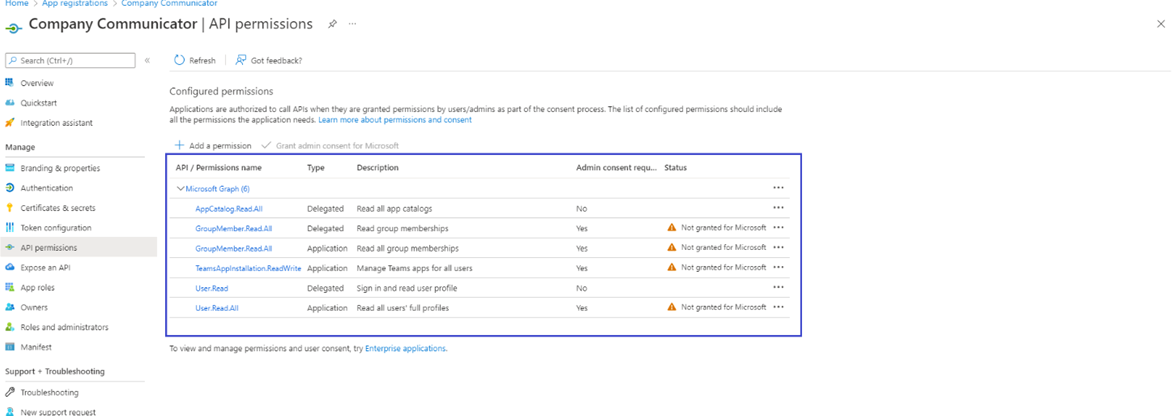 Permission error after deploy Company Communicator · Issue #860 · OfficeDev/microsoft-teams-apps ...
