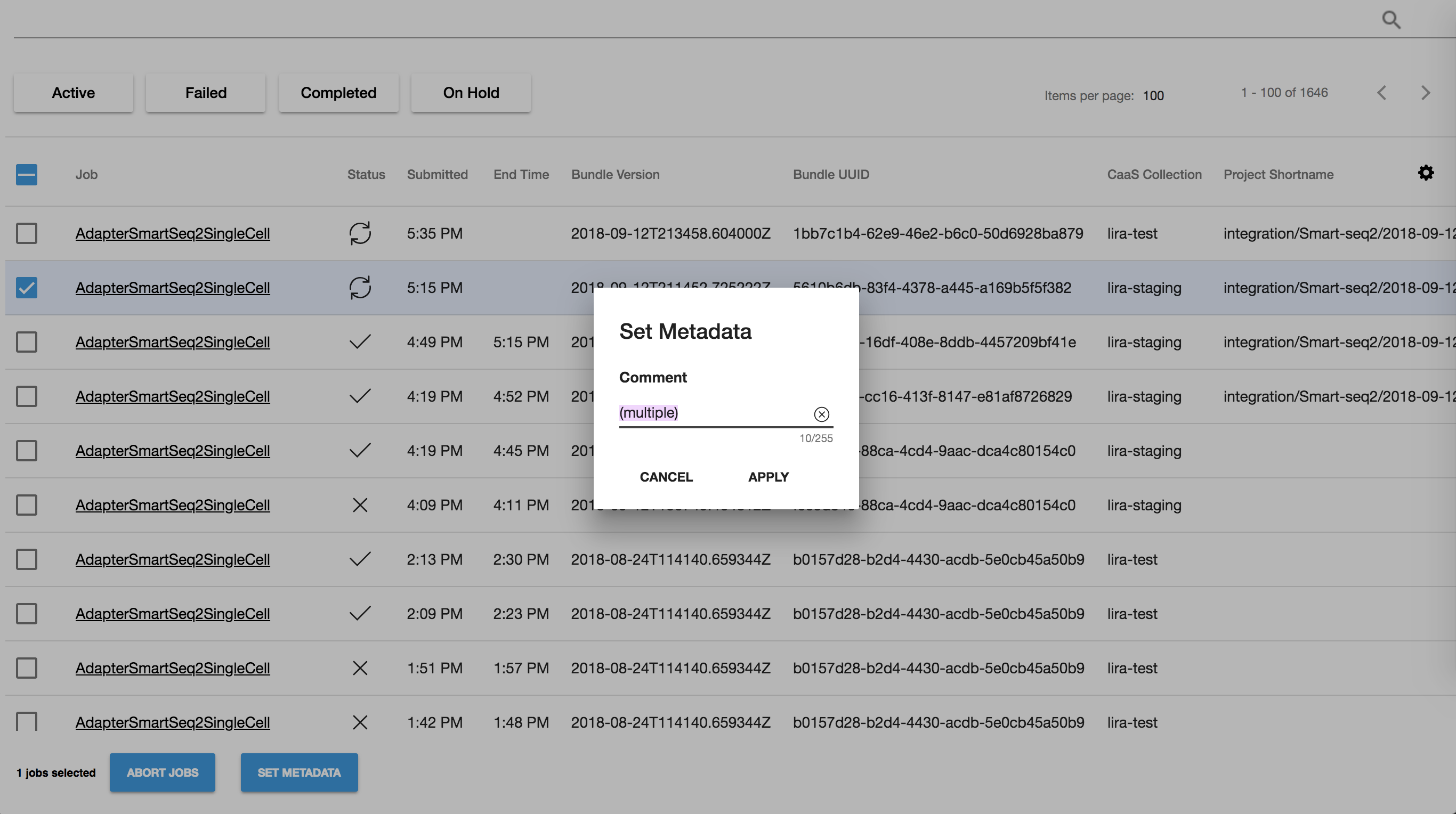 When selecting bulk edit "set metadata" on only one job, comment still shows "(multiple ...