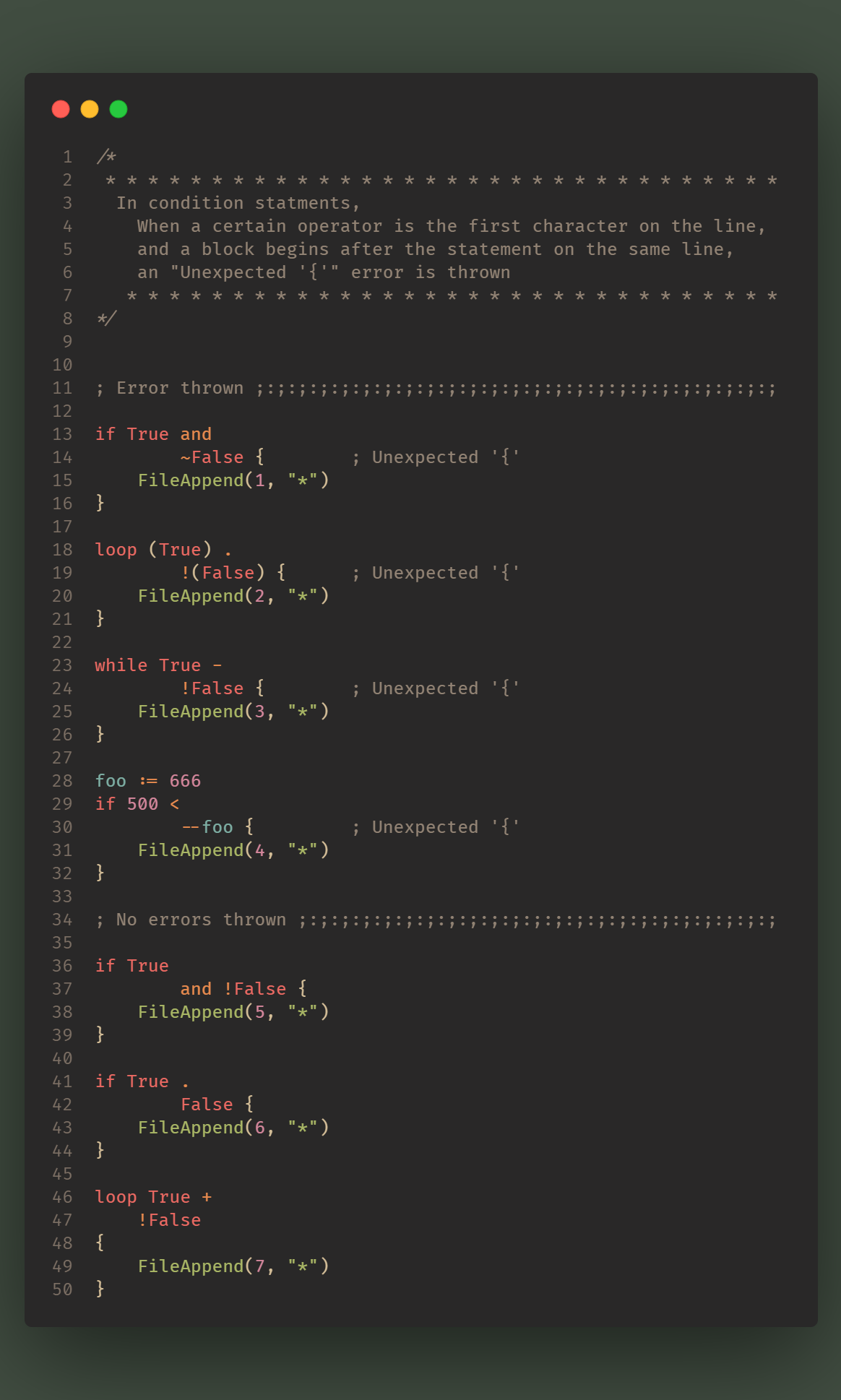 Unexpected '{' after condition statement/loop expression on same line if line begins with ...