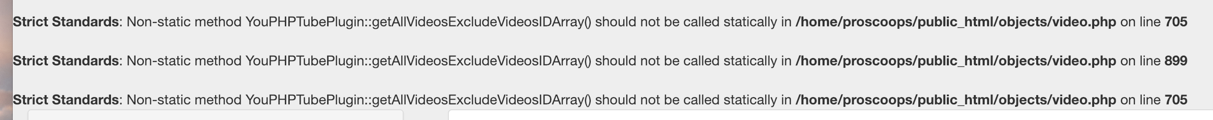 Strict Standards: Non-static method YouPHPTubePlugin::getAllVideosExcludeVideosIDArray() should ...