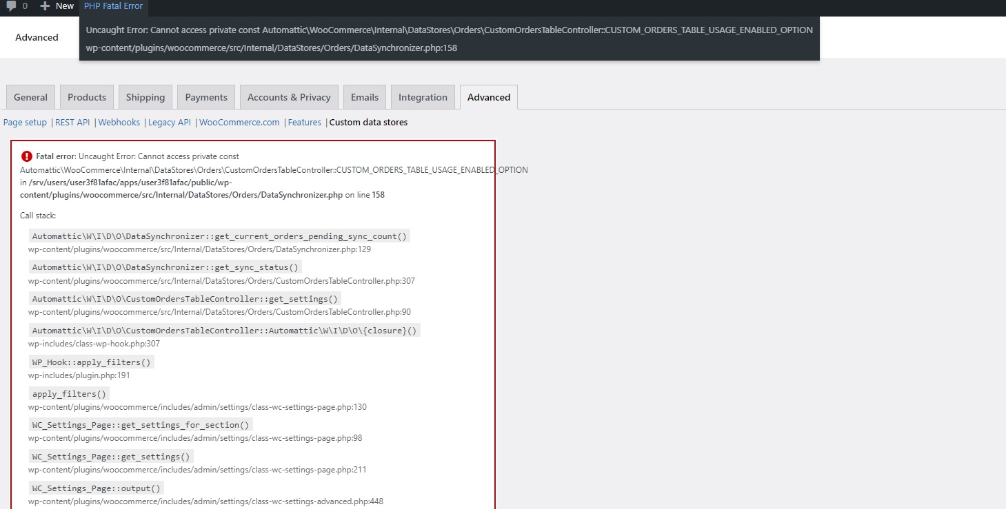 Custom order tables: fatal error when visiting Custom Data Stores · Issue #33189 · woocommerce ...