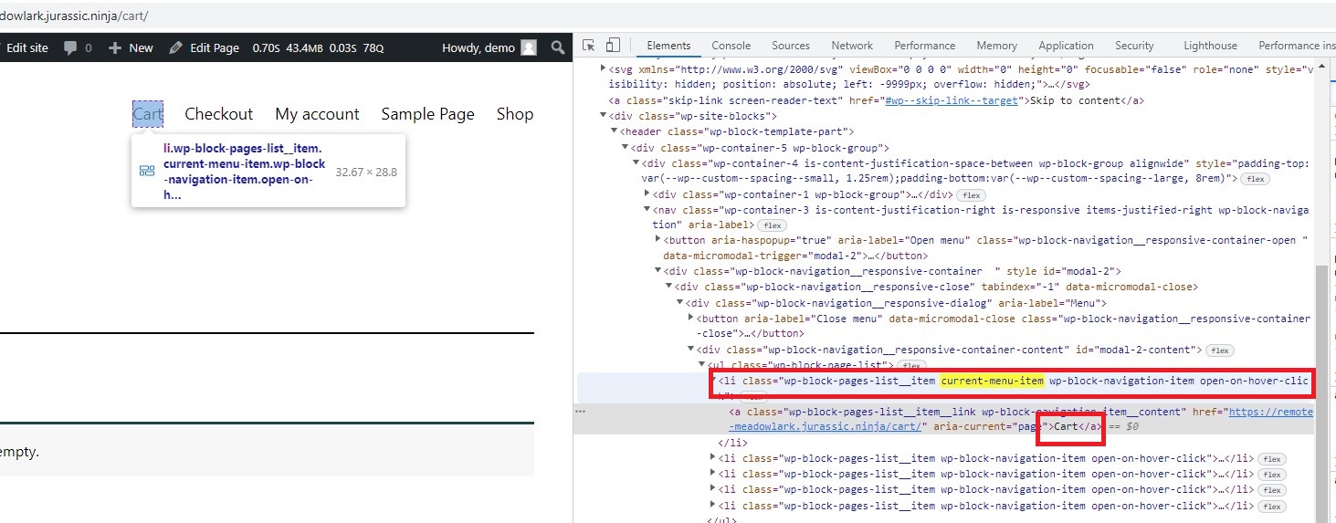 No Current Menu Item On Shop Page On Fse Themes Navigation Block