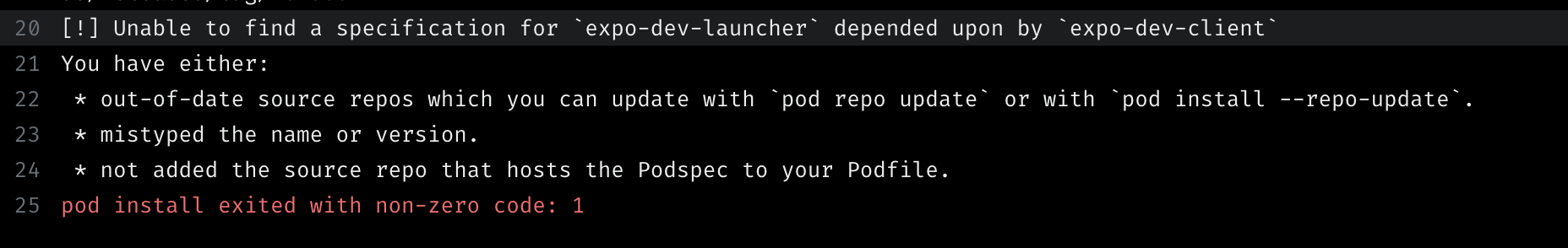 Unable to find a specification for `expo-dev-launcher` depended upon by ...