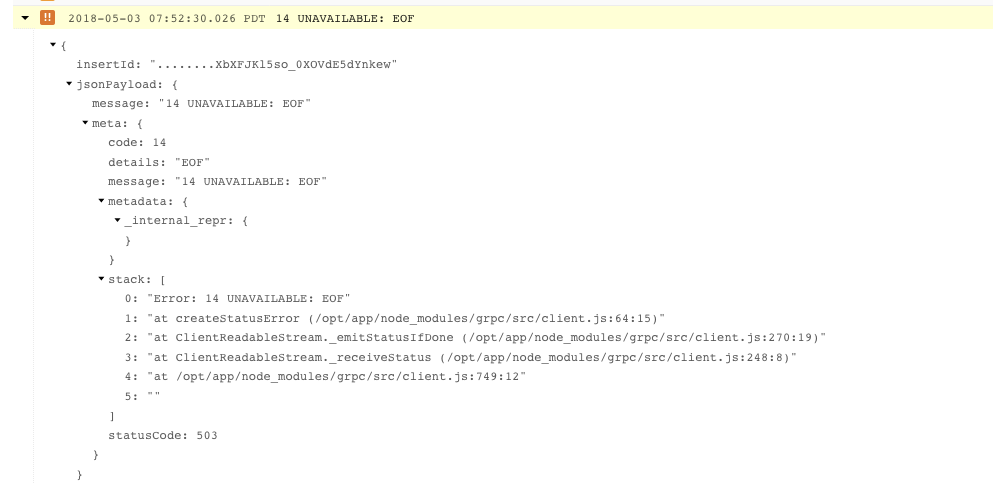 Error 14 UNAVILABLE: EOF · Issue #183 · googleapis/nodejs-spanner · GitHub