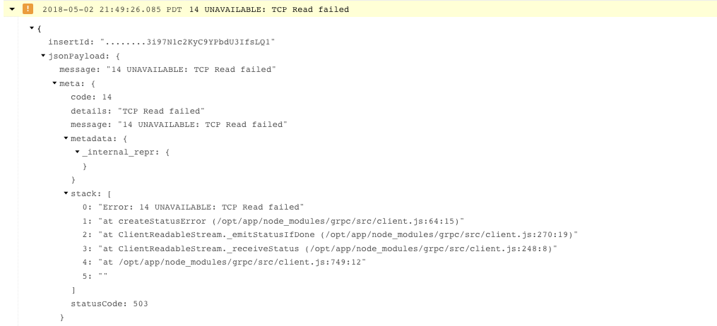 Error 14 UNAVILABLE: EOF · Issue #183 · googleapis/nodejs-spanner · GitHub
