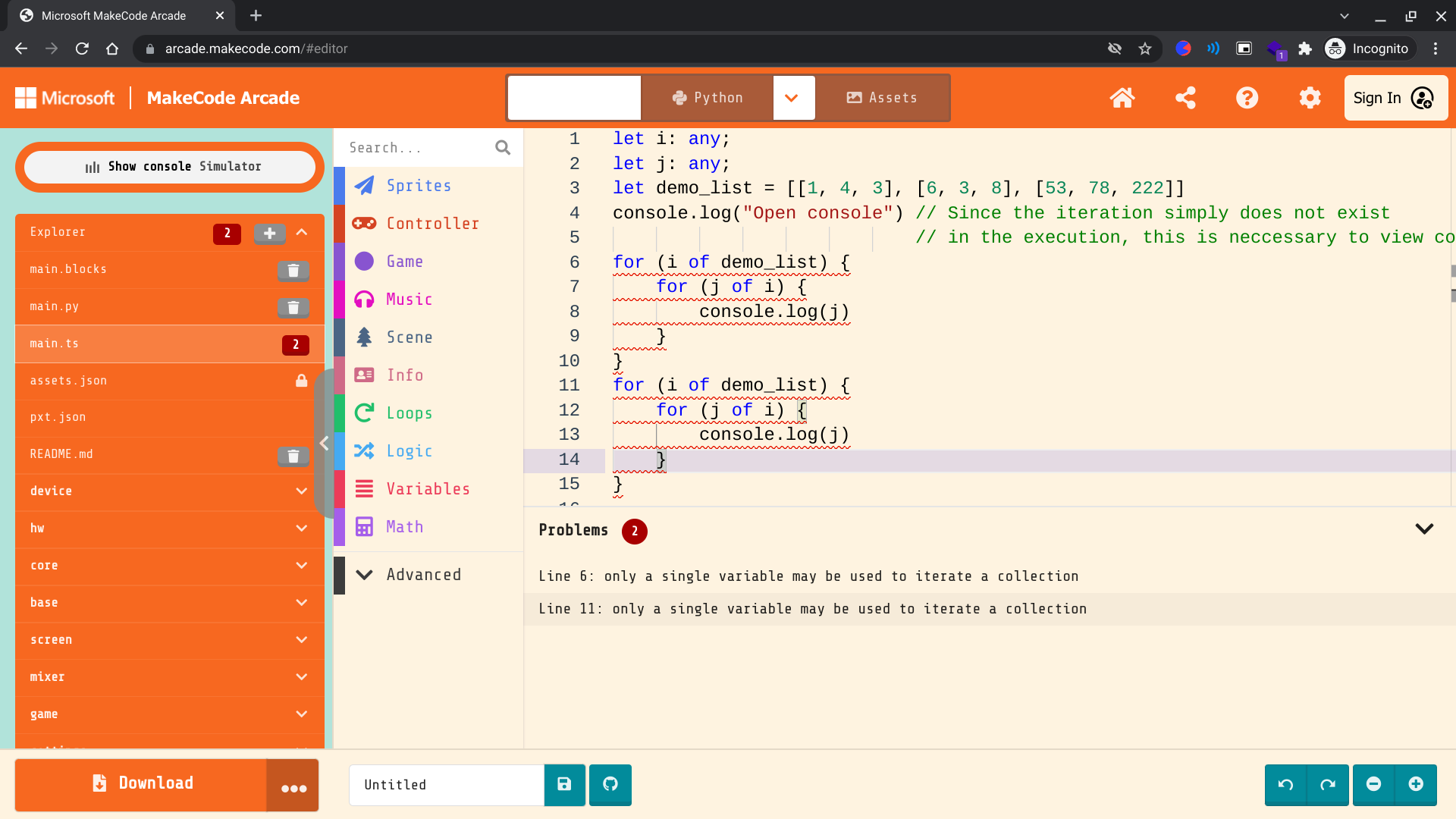 Iterating through 2-d arrays more than once does not translate from ...