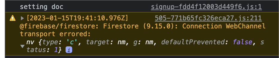 @firebase/firestore: Firestore (9.15.0): Connection WebChannel transport errored: nv {type: 'c ...