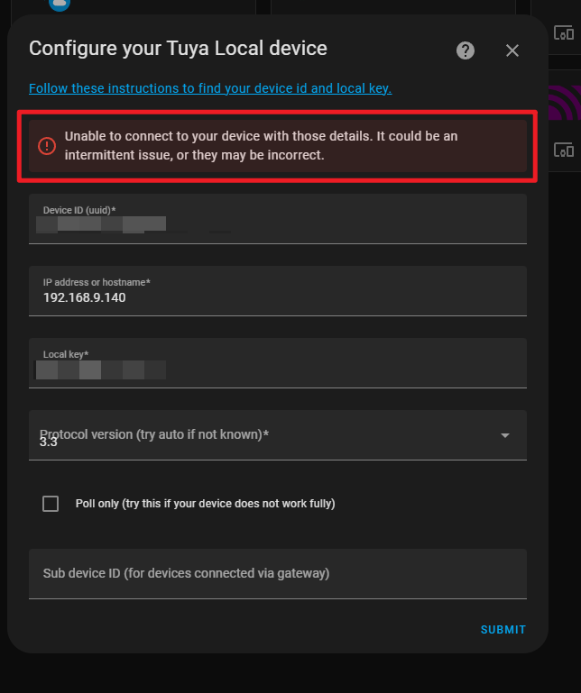 Unable to connect, but works in Tuya Cloud · Issue #832 · make-all/tuya-local · GitHub