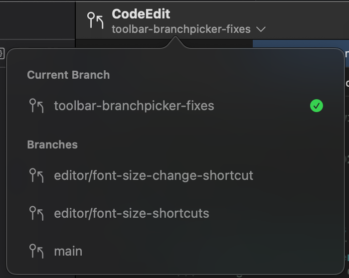 Toolbar: Branch Picker fixes by lukepistrol · Pull Request #527 · CodeEditApp/CodeEdit · GitHub