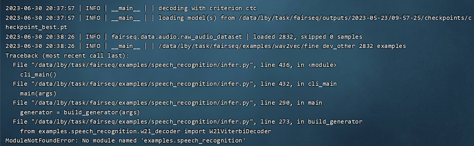 Wav2vec 20 Modulenotfounderror No Module Named Examplesspeechrecognition · Issue 5231 