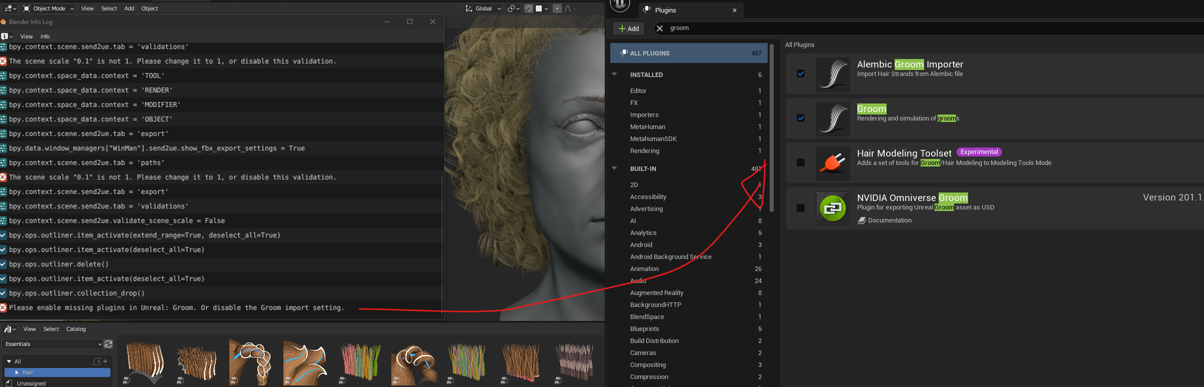 Send 2 Unreal Groom Export Error · Issue 600 · Epicgamesext Blendertools · Github
