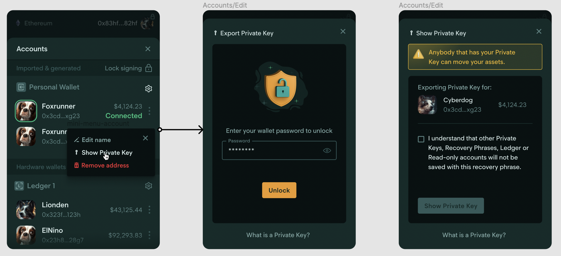 Implement `Show Private Key` menu option & initial screen · Issue #3221 · tahowallet/extension ...