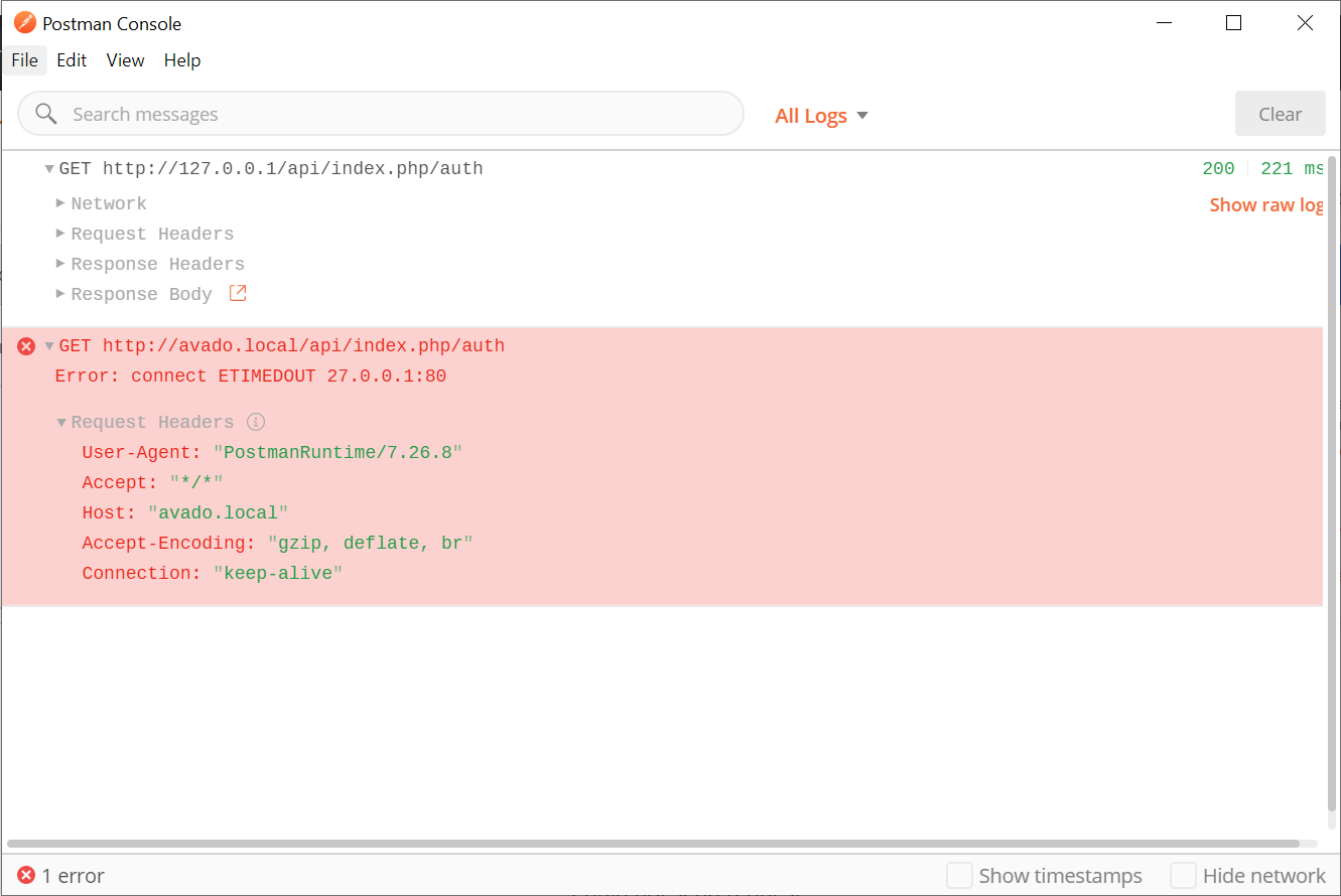 Postman Timeout Localhost 127 0 0 1 OK But Custom Hostname Timesout