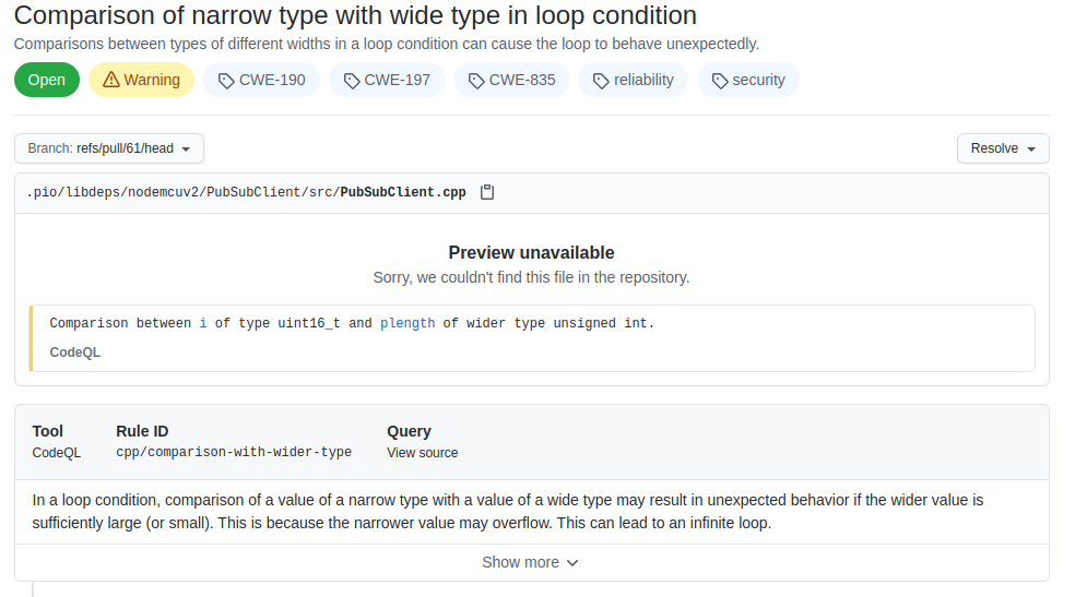 codeql issue found · Issue #781 · knolleary/pubsubclient · GitHub