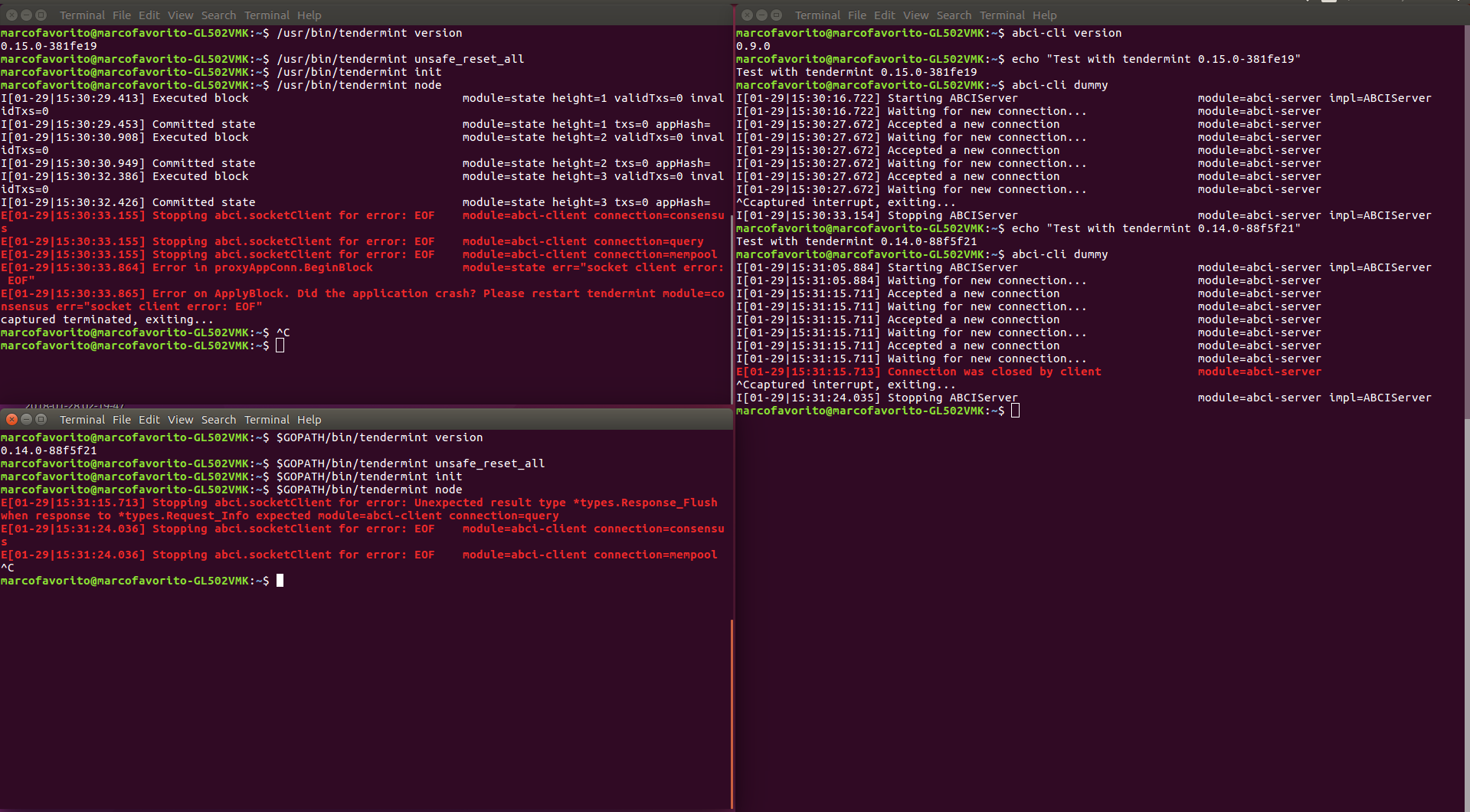 Different behaviors between Tendermint 0.14.0 and Tendermint 0.15.0 with abci-cli and Ethermint ...