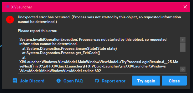 Unexpected error · Issue #853 · goatcorp/FFXIVQuickLauncher · GitHub