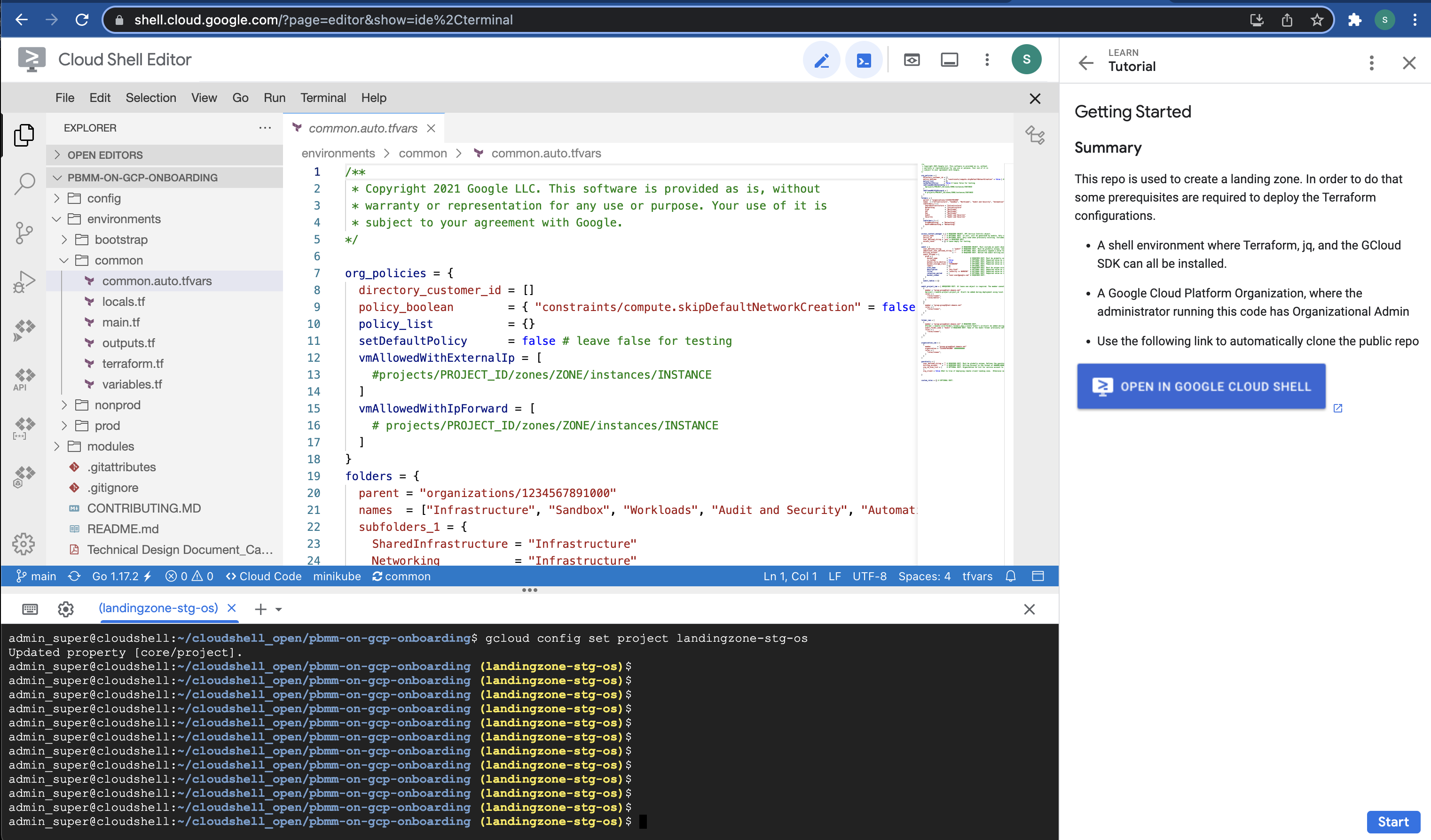 Expand out "open in google cloud shell" tutorial steps via https://cloud.google.com/shell/docs ...