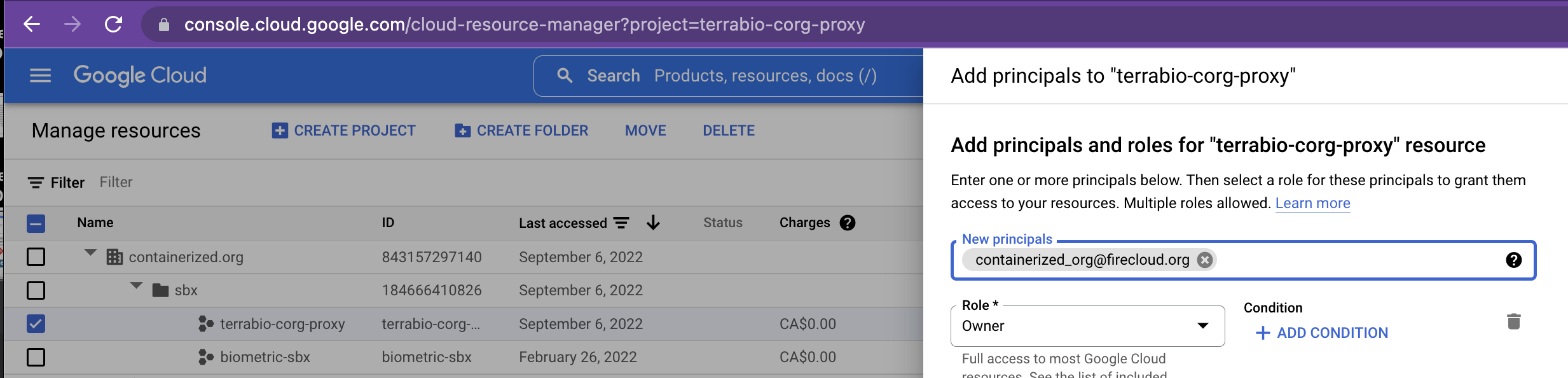 PBMM deployment support for terra.bio GCP proxy projects organization control - via group ...