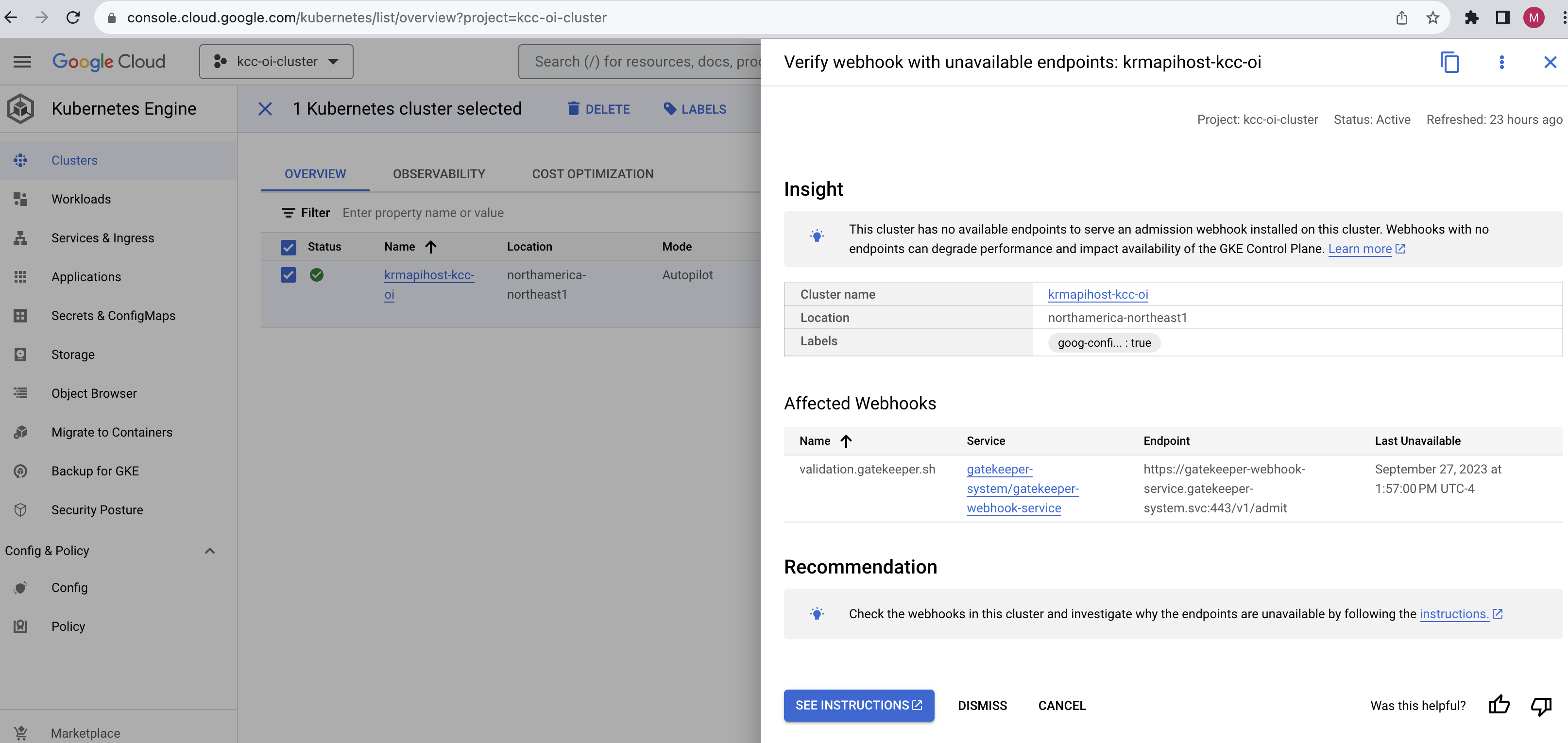 new GKE autopilot KCC cluster has new admission webhook warnings as of 20230928 - update: new ...