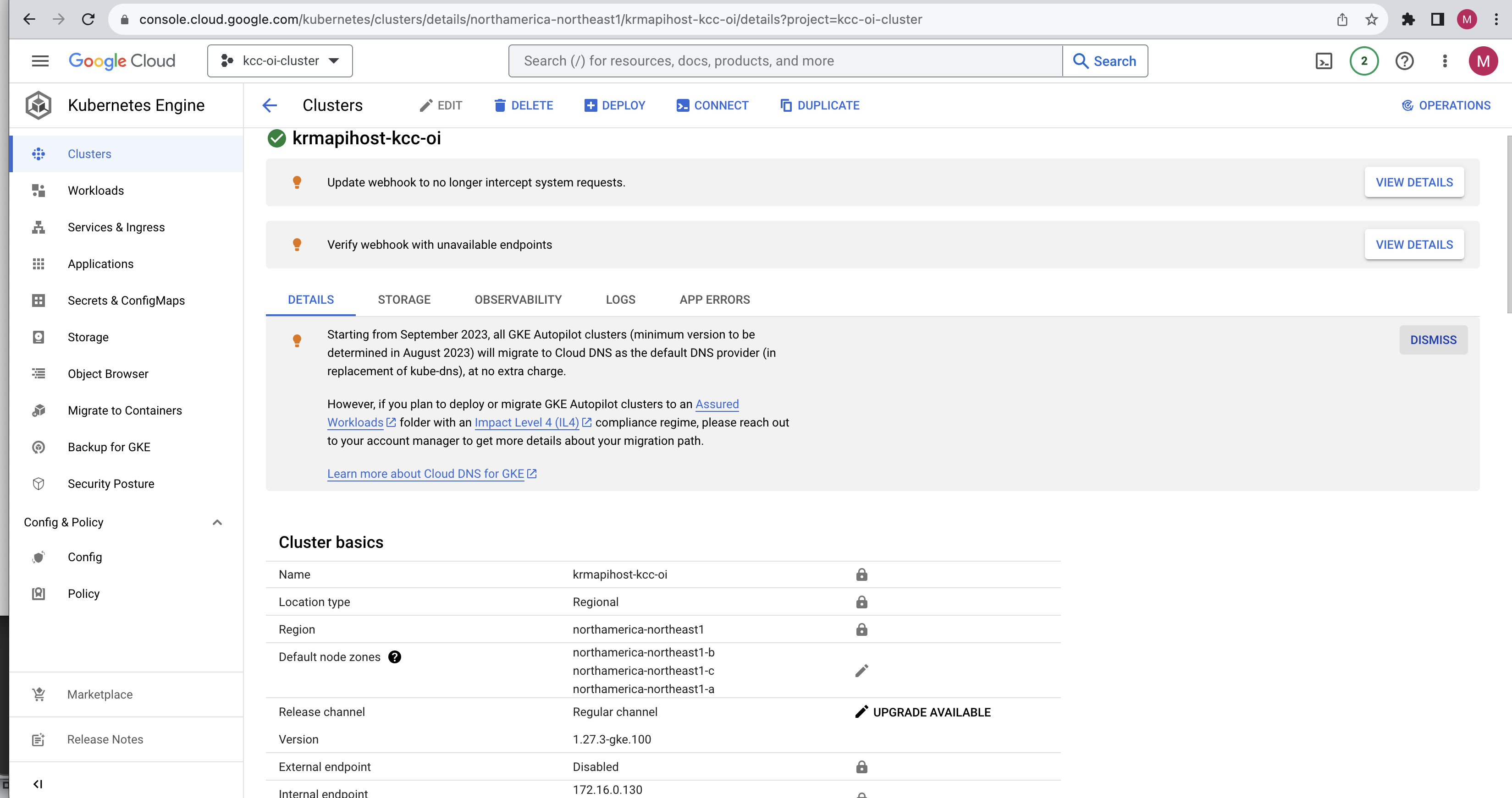 new GKE autopilot KCC cluster has new admission webhook warnings as of 20230928 - update: new ...