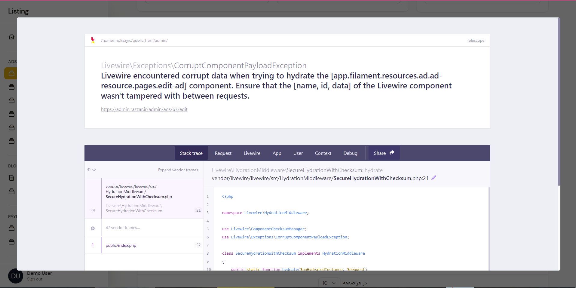 Livewire encountered corrupt data when trying to hydrate the [app.filament.resources.ad.ad ...